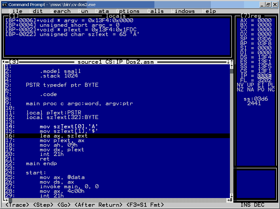 JWasm CodeView Debug Session